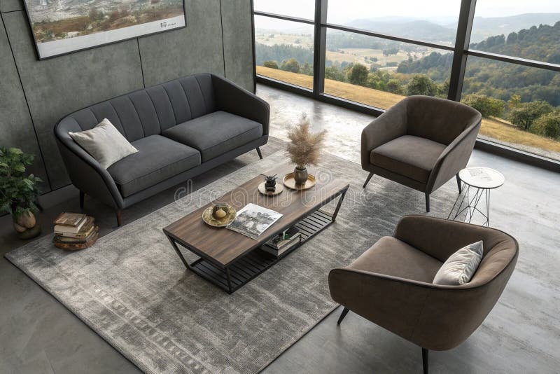 Top View of Dark Lounge Zone with Sofa & Armchairs - 3D Rendering Stock ...