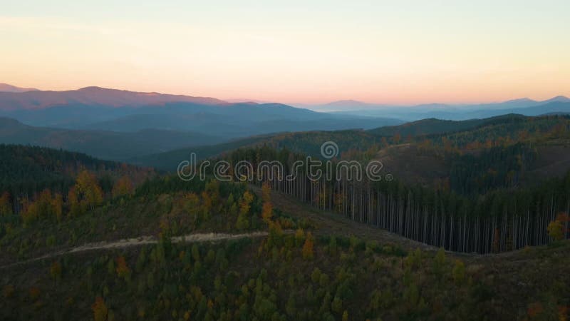 Top View of Dark Mountain Hills Covered with Bare Patches of Cut Down ...