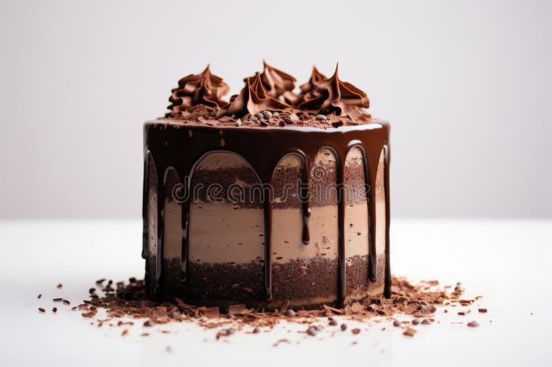 Elegant Chocolate Mousse Cake with Ganache Drips on White Background ...