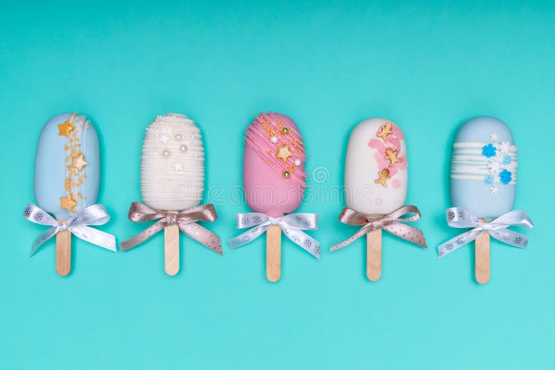 Top View of Decorated Cake Pops Ice Creams on Turquoise Background ...