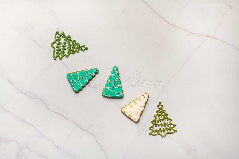 Top View of Decorative Christmas Trees on Marble Surface Stock Image ...