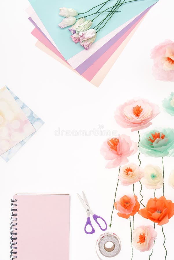 Top View of Decorative Flowers and Stationery Items Stock Photo - Image ...