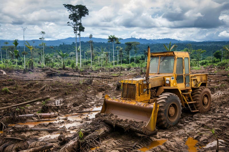 Top View of Deforestation Landscape with Bulldozer. Environmental ...