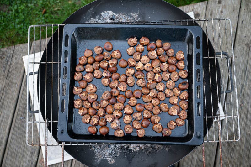 Top View of Delicious Chestnuts Roasting on a Pan Stock Image - Image ...