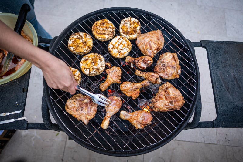 Top View of Delicious Chicken Barbeque with Potatoes on Grill Stock ...