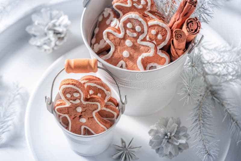 Top View of Delicious Christmas Gingerbread Man in Small Bucket Stock ...