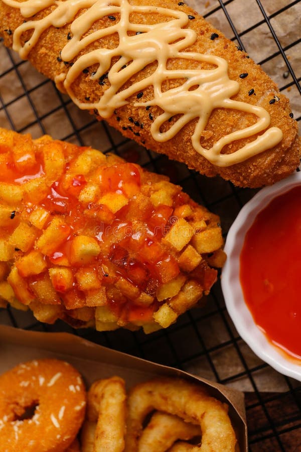 Top View of Delicious Corn Dogs and Donuts with Sauce Stock Image ...