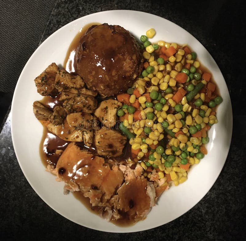 Top View of a Delicious Dish with Meat, Fish and Salad Stock Image ...