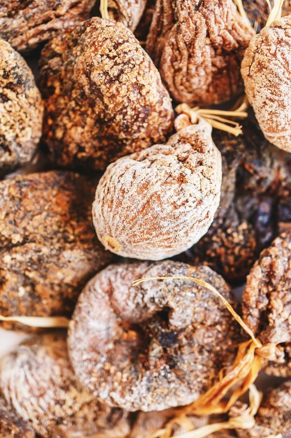 Top View of Delicious Dried Figs with Powdered Sugar. Background of ...