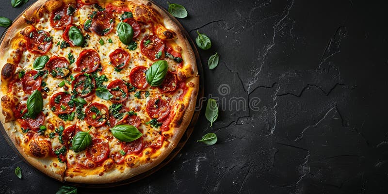 Top View Delicious Italian Pizza on Dark Background. Stock Illustration ...