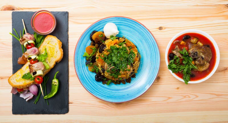 Top view of mutton meals stock photo. Image of fried - 231504130