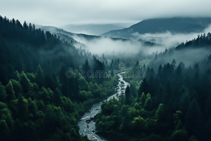 Top View of a Dense Spruce Forest and a River in the Fog. Generated by ...