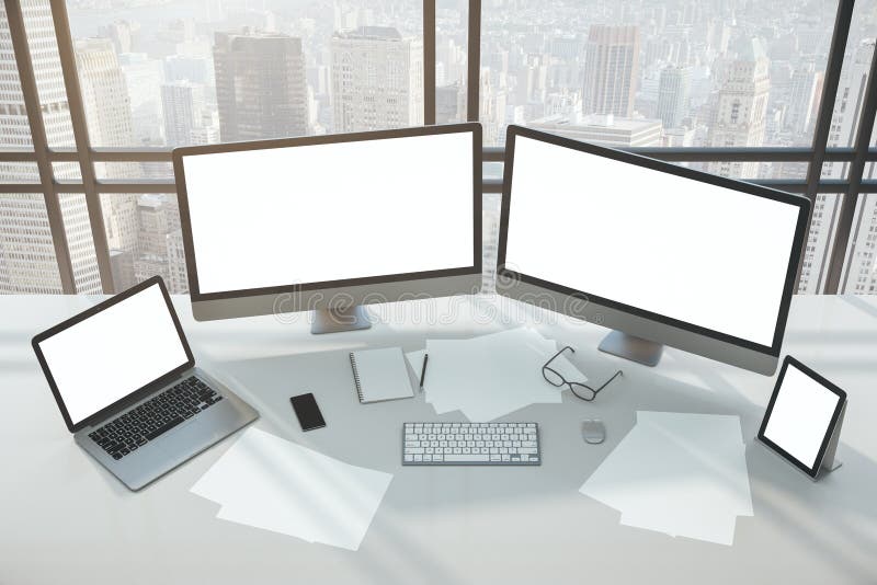 Top View of Designer Desktop with Two White Computer Screen Stock ...
