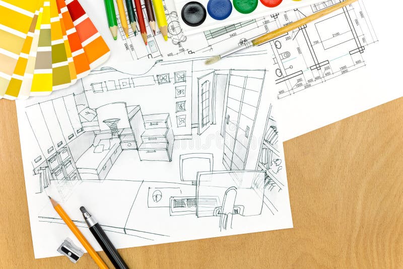 Top View of DesignerÂ€Â™s Work Area with Drawing Tools Stock Image ...