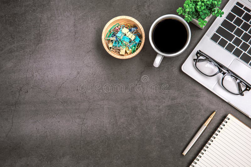 Top View Desk with Laptop and Supplies for Work To Optimize Area Stock ...