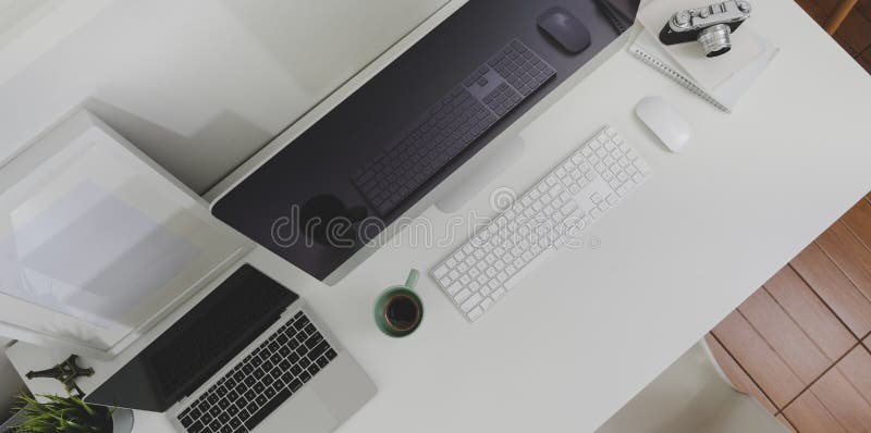 Top View of Desktop Computer and Laptop Computer with Copy Space in ...