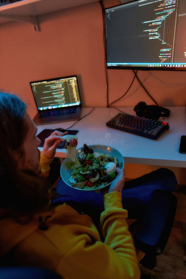 Top View of it Developer Eat Salad while Program Stock Photo - Image of ...