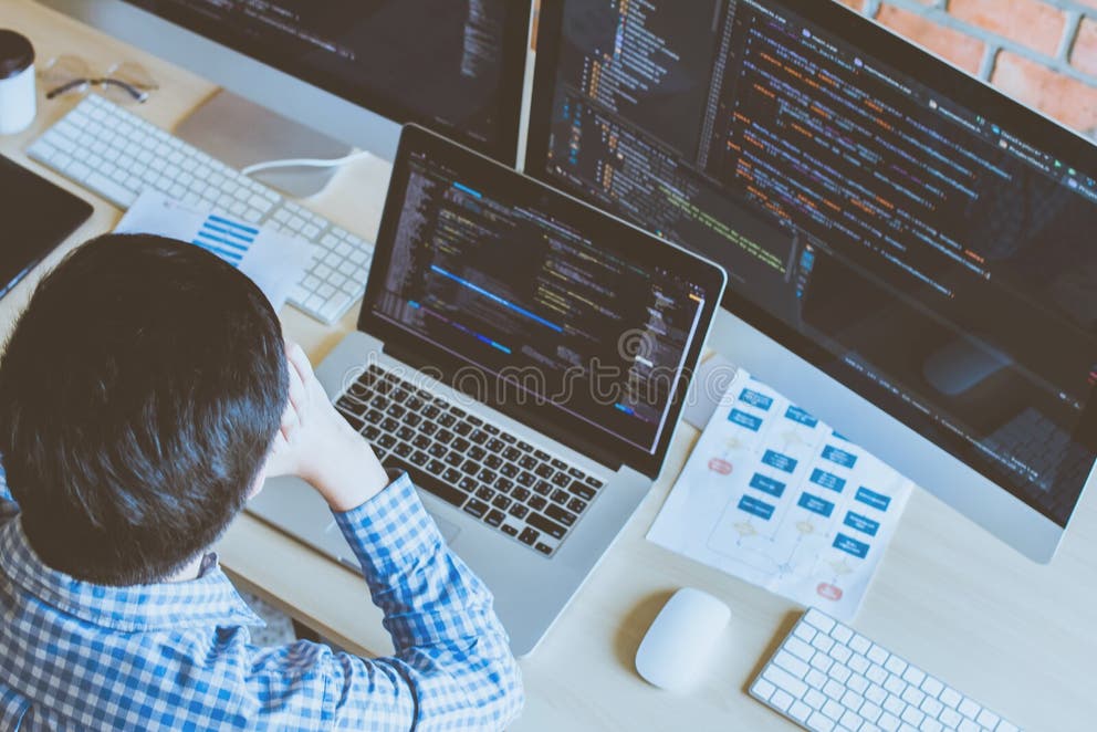 Top View Developer Programming Hand Pointing and Coding Technology Website Design Safety of the ...