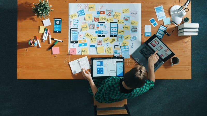 Top View Of Developer Working On Tablet And Writing Ux Ui Design Convocation Stock Image