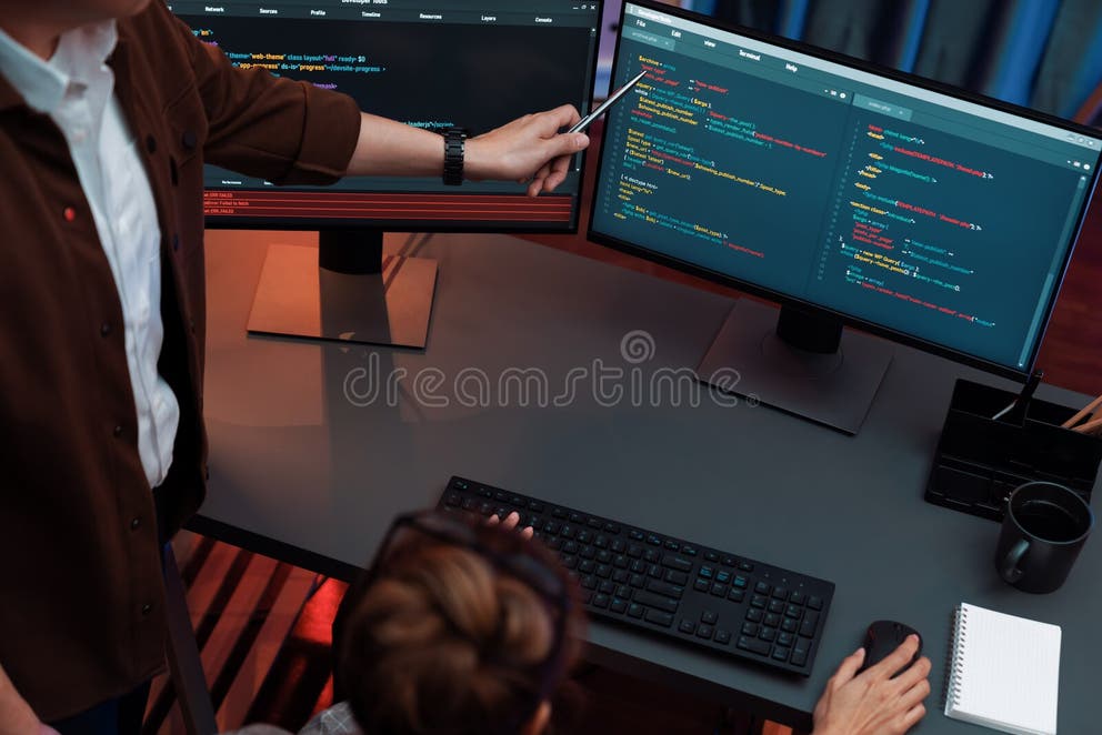 Top View it Developers Discussing with Point Website Coding System. Infobahn. Stock Image ...