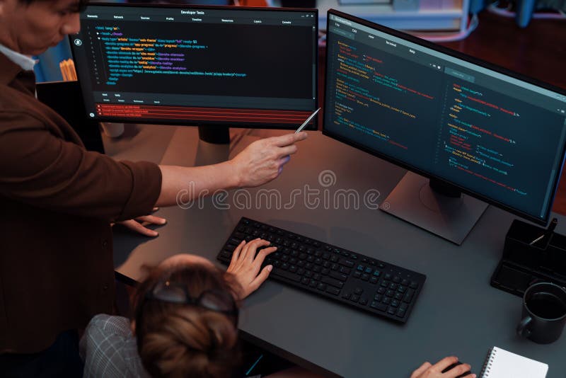 Top View it Developers Discussing with Point Website Coding System. Infobahn. Stock Photo ...
