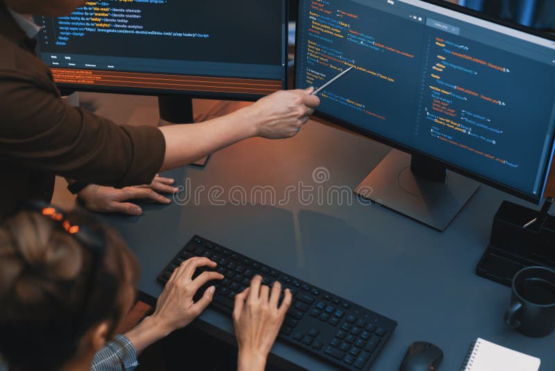 Top View it Developers Discussing with Point Website Coding System. Infobahn. Stock Image ...