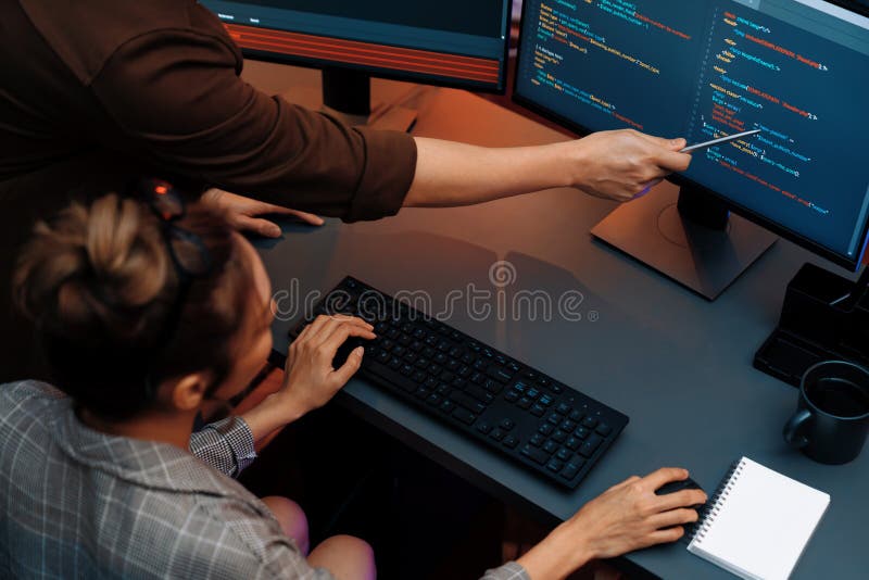 Top View it Developers Discussing with Point Website Coding System. Infobahn. Stock Photo ...
