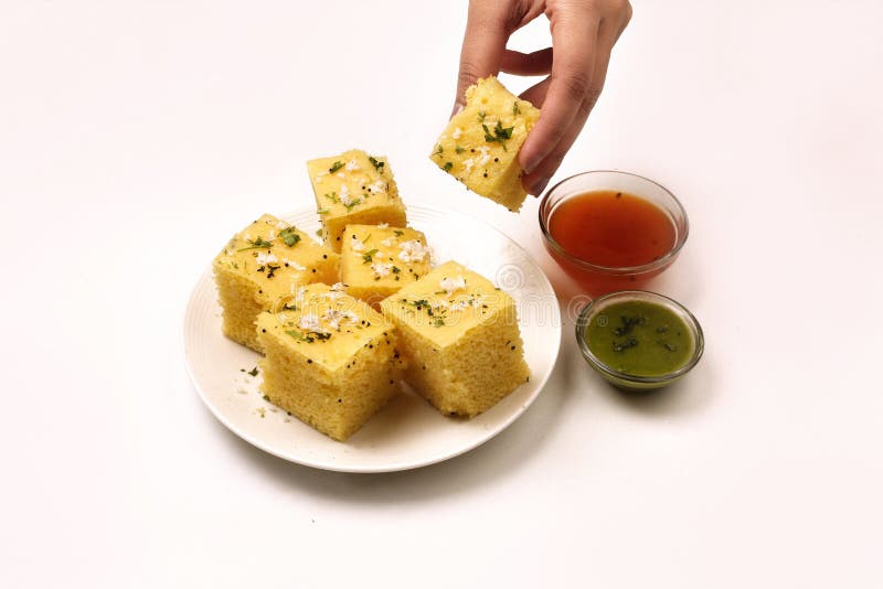 Top View of Dhokla Gujarati on a White Plate with Two Sauces on the ...