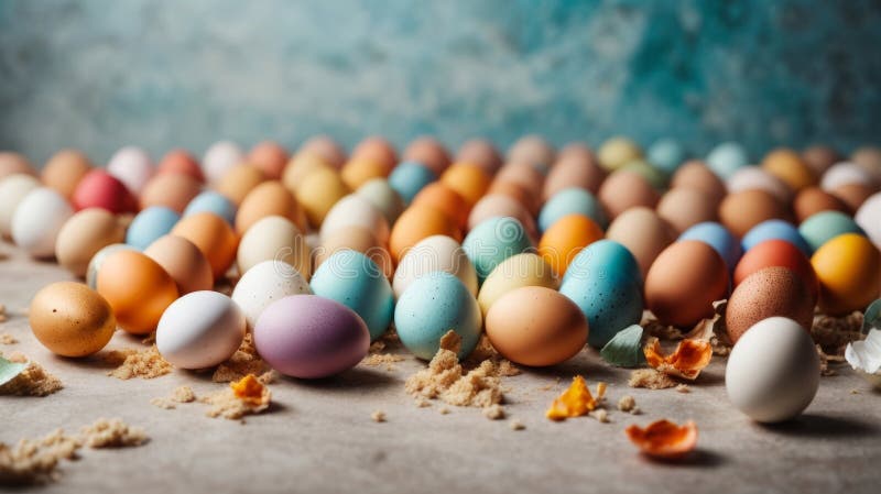 Top View of Different Colored Eggs and Scattered Eggshell on Abstract ...