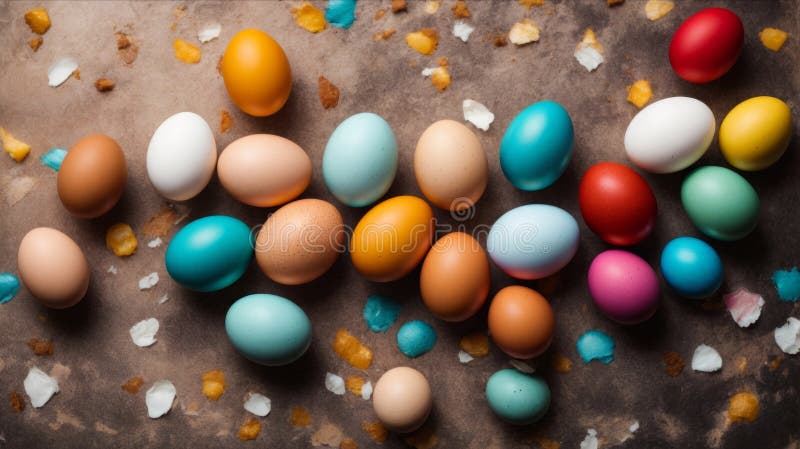 Top View of Different Colored Eggs and Scattered Eggshell on Abstract ...