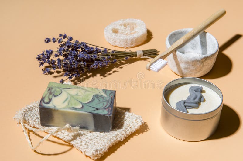Top View of Different Hygiene and Care Items on Cream Color Background ...