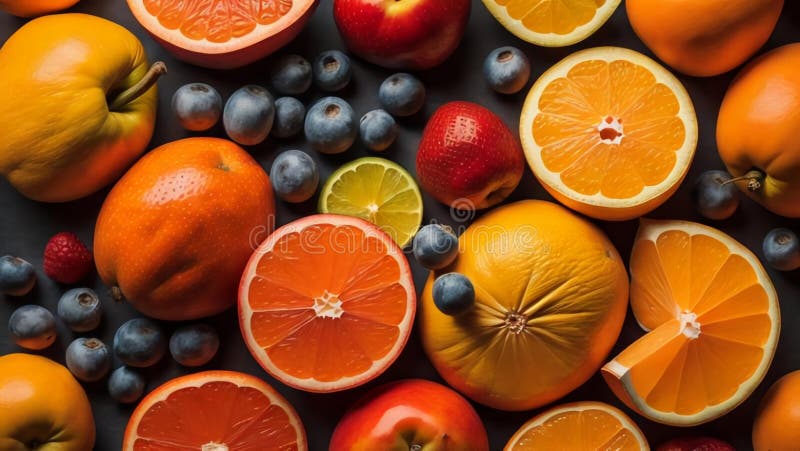 Top View of Different Types of Fruits on Grey Background, Flat Lay ...