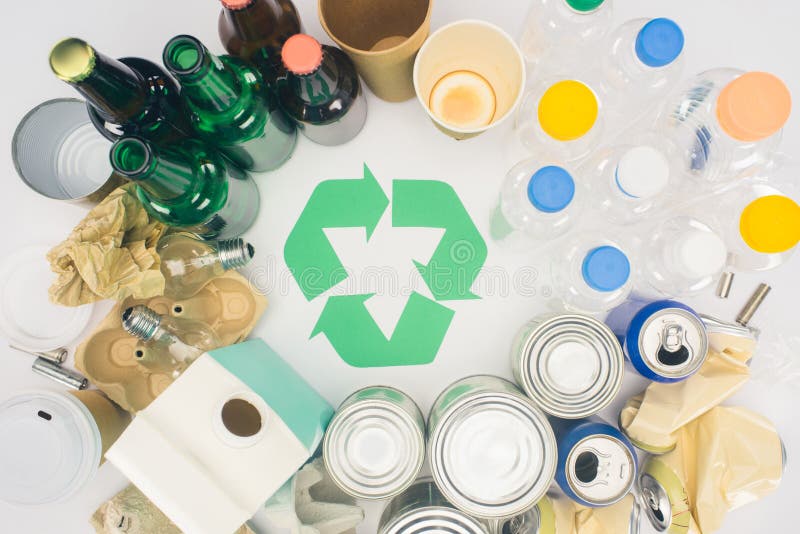 Top View of Different Types of Trash with Recycle Sign Stock Photo ...