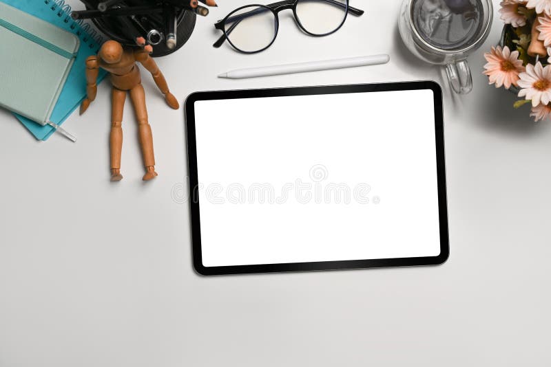 Top View Digital Tablet with Blank Screen on White Office Desk. Stock ...