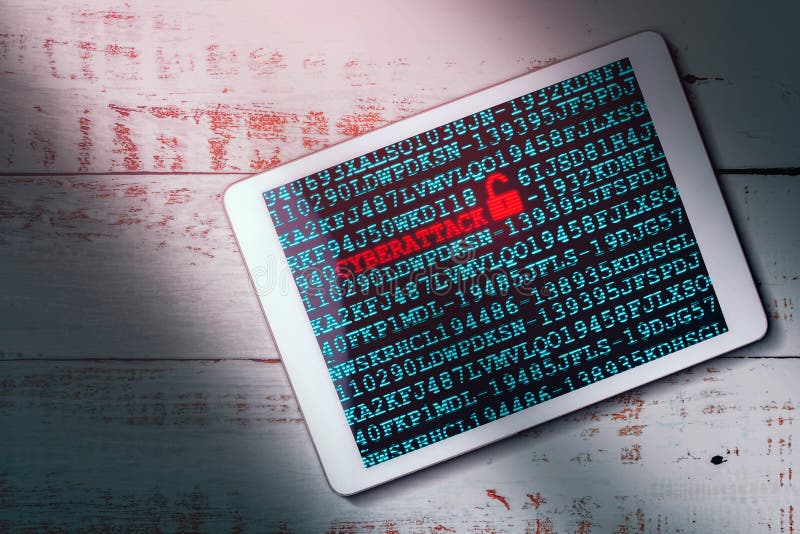 Top View of Digital Tablet with Cyber Attack Warning on Screen. Stock ...