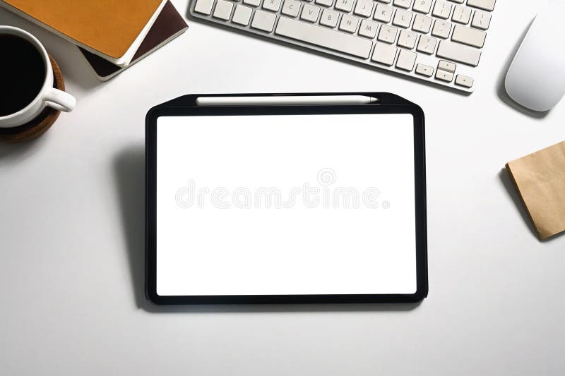 Top View Digital Tablet with Empty Screen, Coffee Cup and Notebook on ...