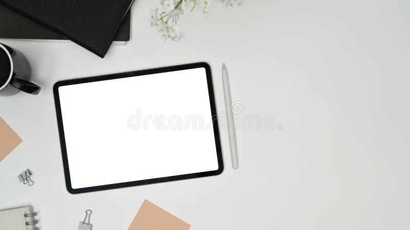 Top View of Digital Tablet with Empty Screen, Cup of Coffee and Sticky ...