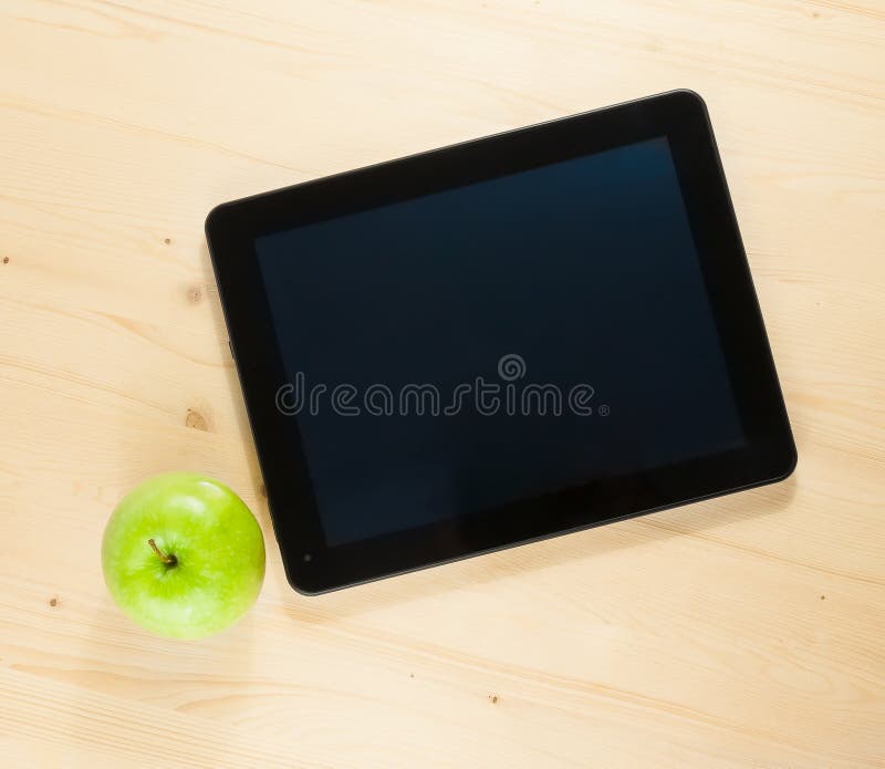 Top of View of Digital Tablet Pc and Green Apple Stock Image - Image of ...