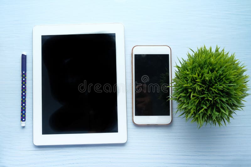 Top View of Digital Tablet and Smart Phone with Blank Screen Stock ...