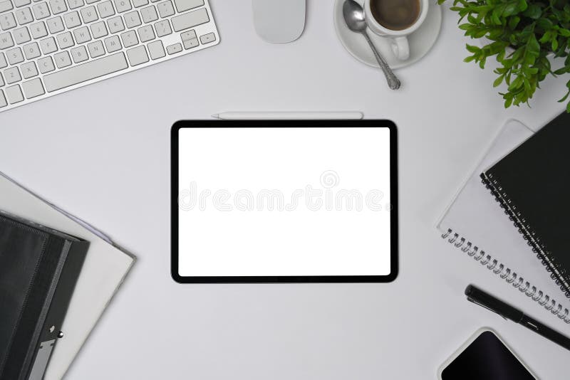 Top View Tablet on White Office Desk. Stock Photo - Image of empty ...