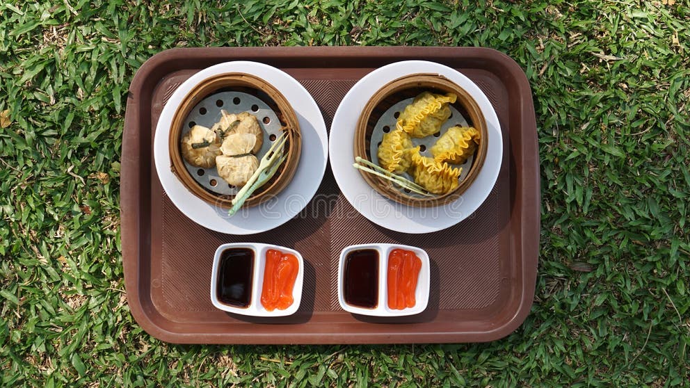 Top View of Dim Sum on Green Grass Stock Image - Image of bamboo ...