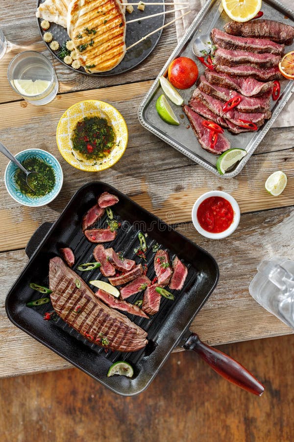 Top View Dinner Table Beef Meat Cooked Grill Wooden Table Stock Photo ...