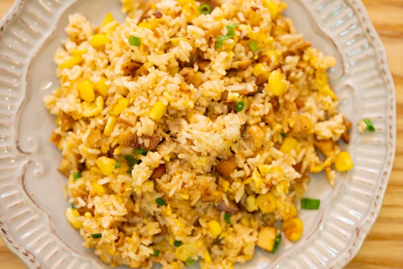 Dish of Diced Chicken and Maize and Fried Rice Stock Photo - Image of ...