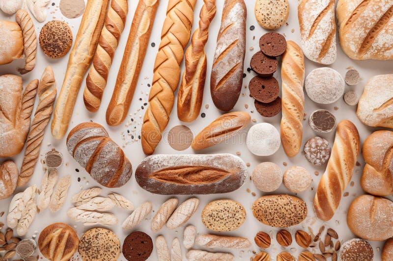 Top View of Diverse Bread Types, Bakery Food Backdrop - Generative AI ...