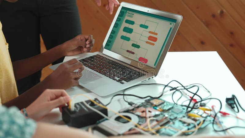 Top View of Diverse Smart Children Working Together Coding Program ...