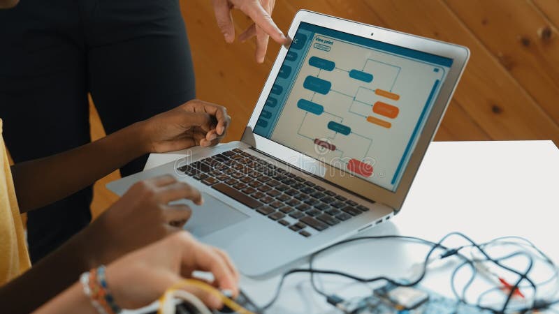 Top View of Diverse Smart Children Working Together Coding Program. Edification. Stock Image ...