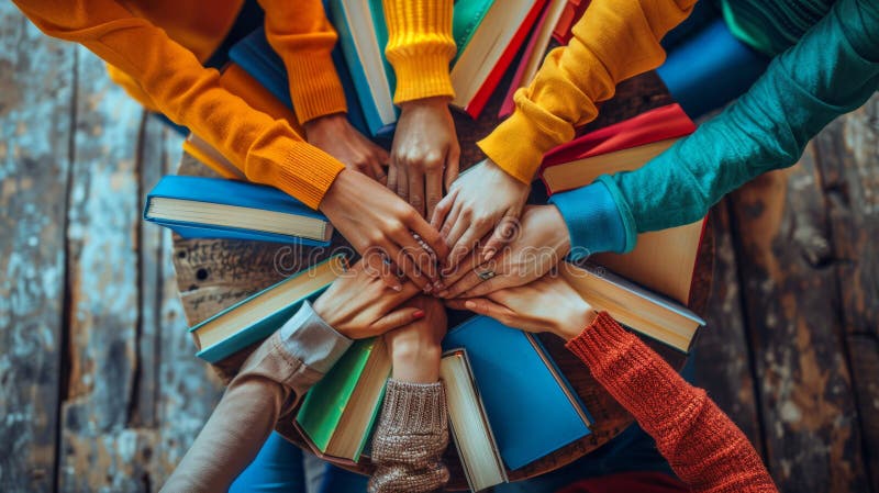 Diverse Students with Hands on Books in a Circle Showing Team Spirit ...
