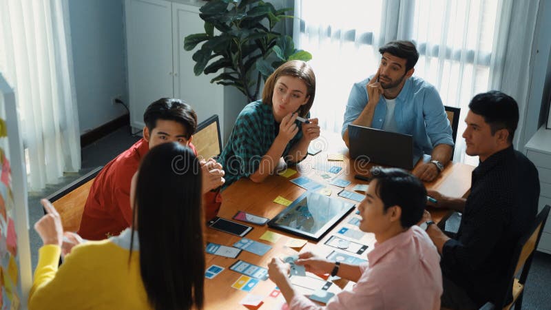 Top View of Diverse People Writing and Stick Sticky Notes at Board ...