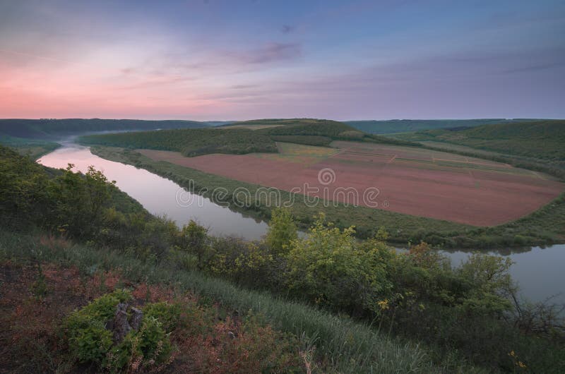 Top View of Dnestr River at Sunrise. River is Covered with Mist and ...