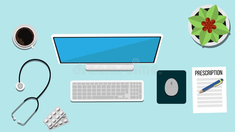 Top View of Doctor Table Flat Style with Computer, Stethoscope and ...